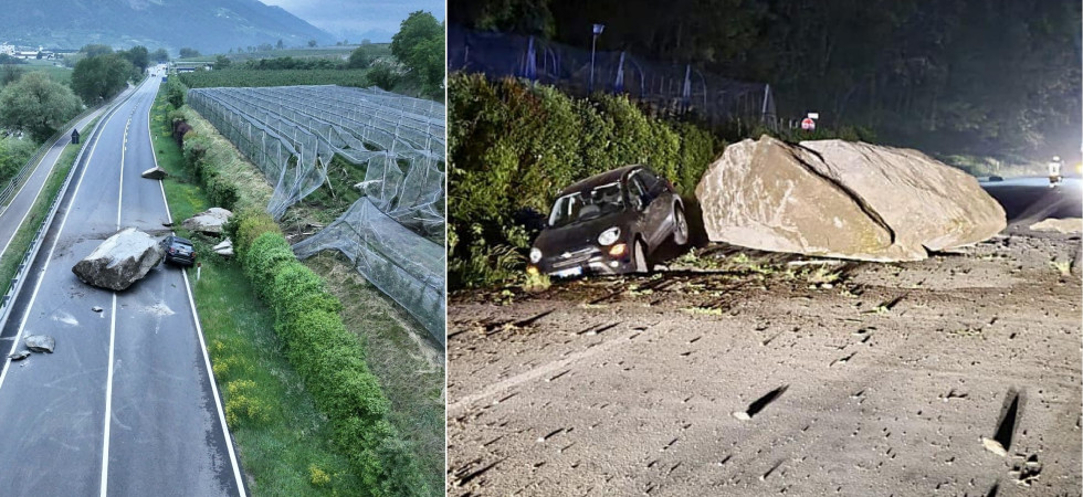 Enormi pezzi di roccia finiscono sulla strada, coinvolta un'auto con 4 ...